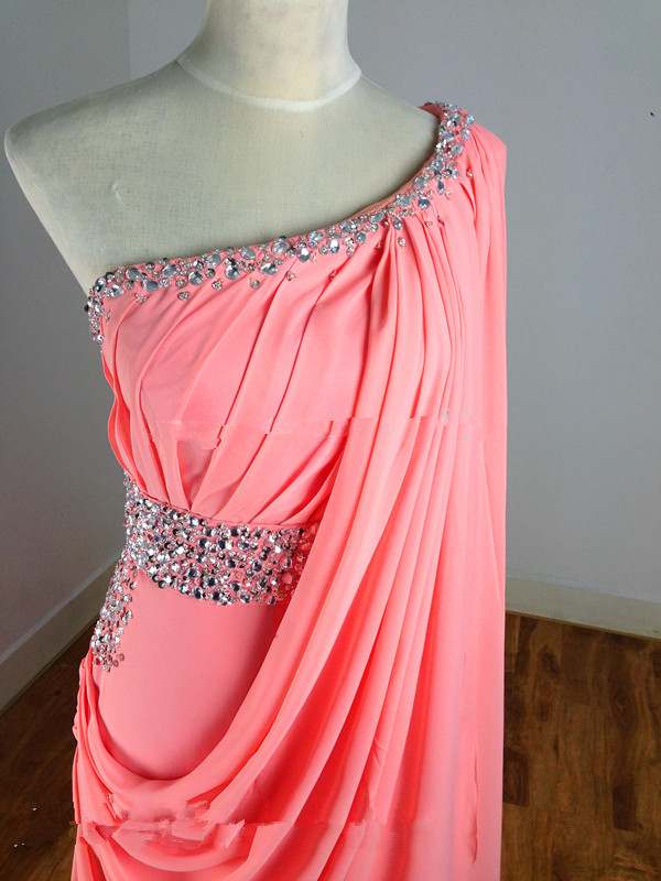 Pretty Handmade Croal One Shoulder Bridesmaid Dresses With Beadings