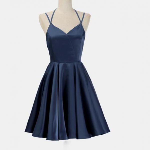 Lovely Short Straps Halter Homecoming Dresses, Navy Blue Summer Dresses ...