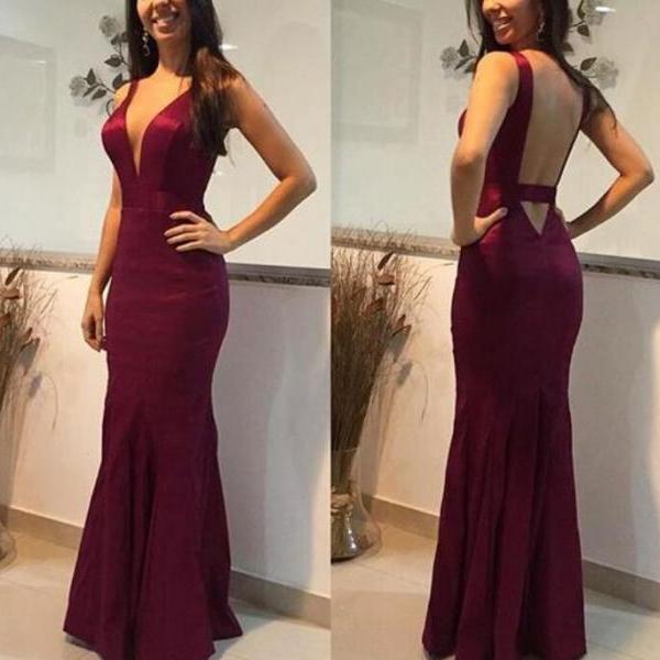 Charming Maroon Satin Deep V Neckline Party Dresses, Pretty Wedding ...