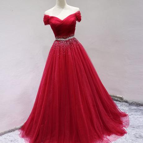 Charming Red Handmade Off Shoulder Tulle Party Gown 2019, Red Formal ...