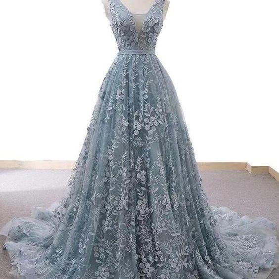 Beautiful Blue And Grey Tulle V-neckline Party Dress, Handmade Formal ...