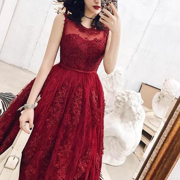 Dark Red Tea Length Tulle And Lace Homecoming Dress, Round Neckline ...