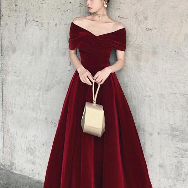 Charming A-line Floor Length Wine Red Velvet Party Dress, Long Prom ...