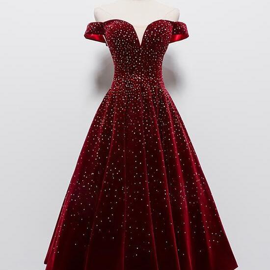 Charming A-line Floor Length Wine Red Velvet Party Dress, Long Prom ...