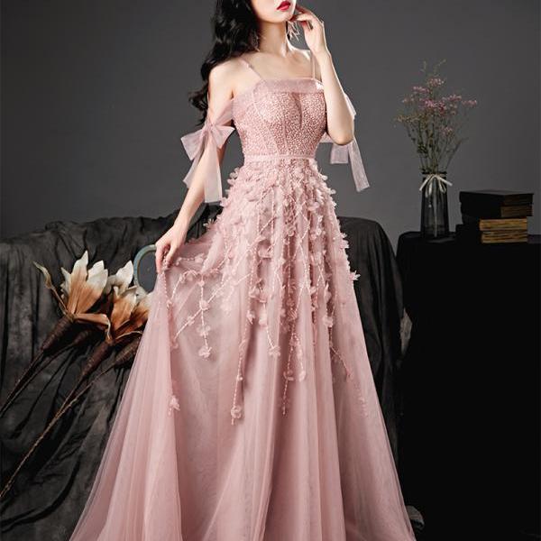 Pink Flowers Beaded Tulle Style Prom Dress, Pink Tulle Formal Dress ...