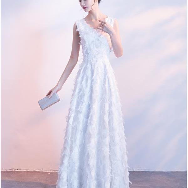 White V-neckline A-line Simple Floor Length Evening Dress, White ...
