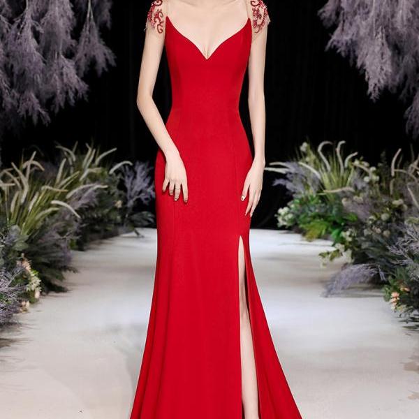 Glam Red Beaded Slit Long Party Dress With Beadings, Long Red Evening ...