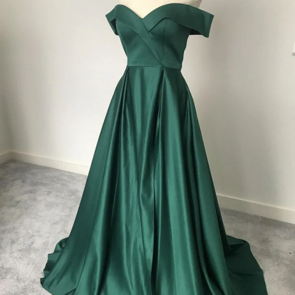 Green Satin Long Prom Dresses, Off Shoulder Emerald Green Long Formal ...