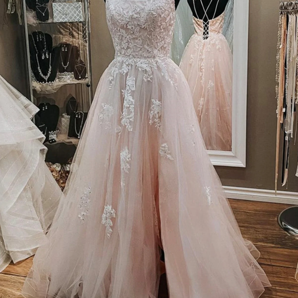 Cute Pink Tulle With Laec Applique V-neckline Low Back Formal Dress ...
