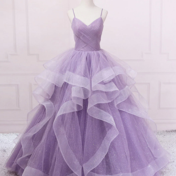 Purple V Neck Tulle Long Prom Dress, Purple Tulle Ball Gown Sweet 16 ...