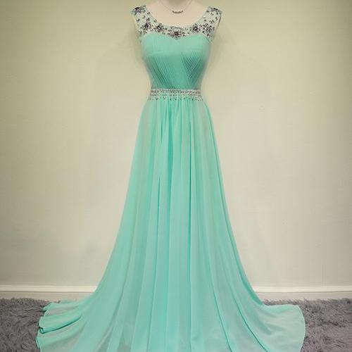 Pretty Mint Chiffon Long Handmade Prom Dresses 2015 With Beadings, Mint ...
