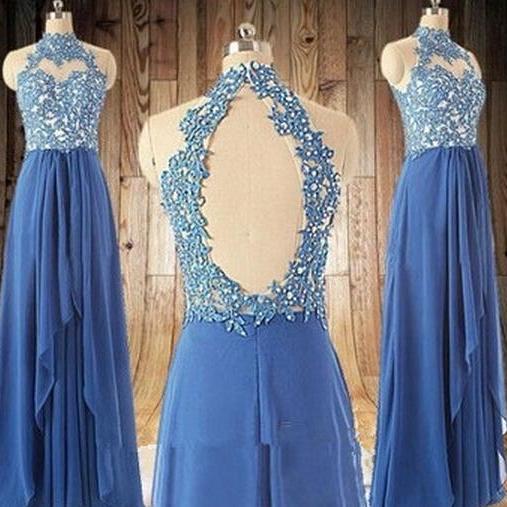 Beautiful Handmade Blue Halter Lace Applique Prom Gowns 2016, Prom ...