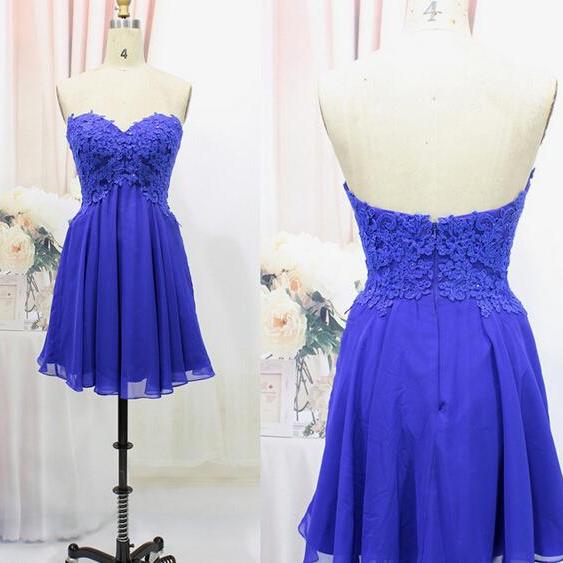 Lovely Short Handmade Blue Prom Dress With Lace Applique, Short Prom ...