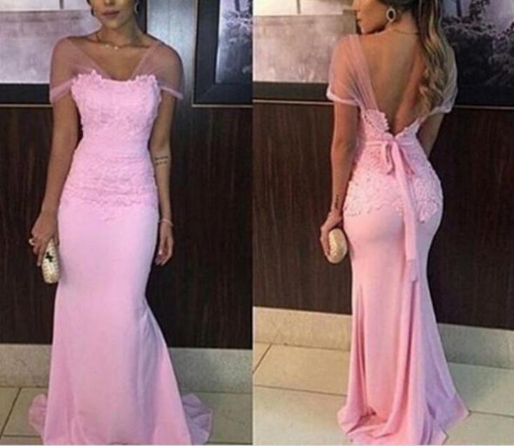 Pink Mermaid Prom Dresses,long Backless Prom Dress,cap Sleeves Prom ...