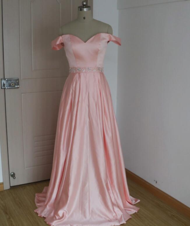 Pink Satin Off Shoulder Party Dresses, Prom Gowns, Simple Prom Dresses ...