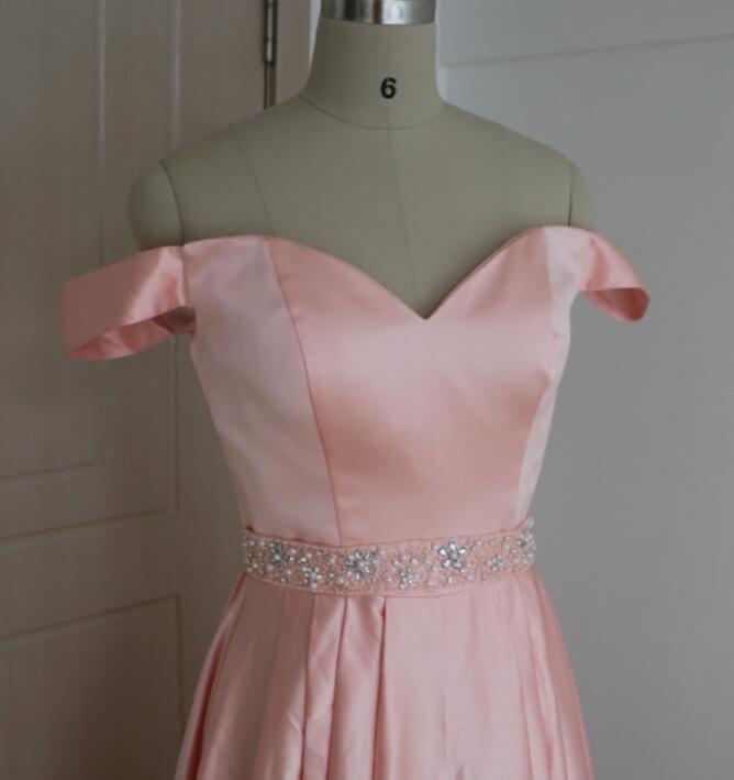 Pink Satin Off Shoulder Party Dresses, Prom Gowns, Simple Prom Dresses ...