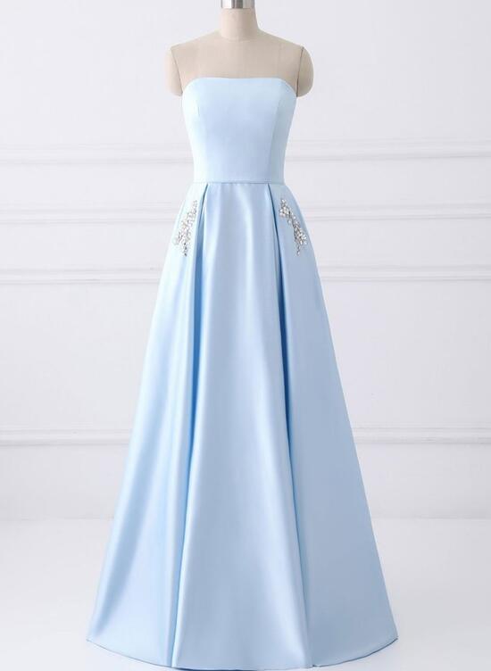 Light Blue Simple Satin Long Formal Dresses, Blue Party Dresses ...