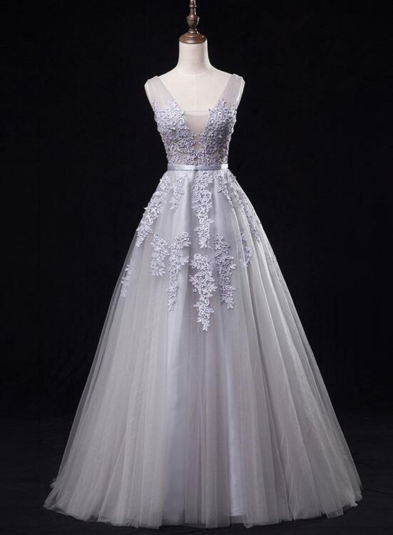 Grey Prom Dresses, Junior Party Dresses, Grey Long Tulle Formal Gowns ...