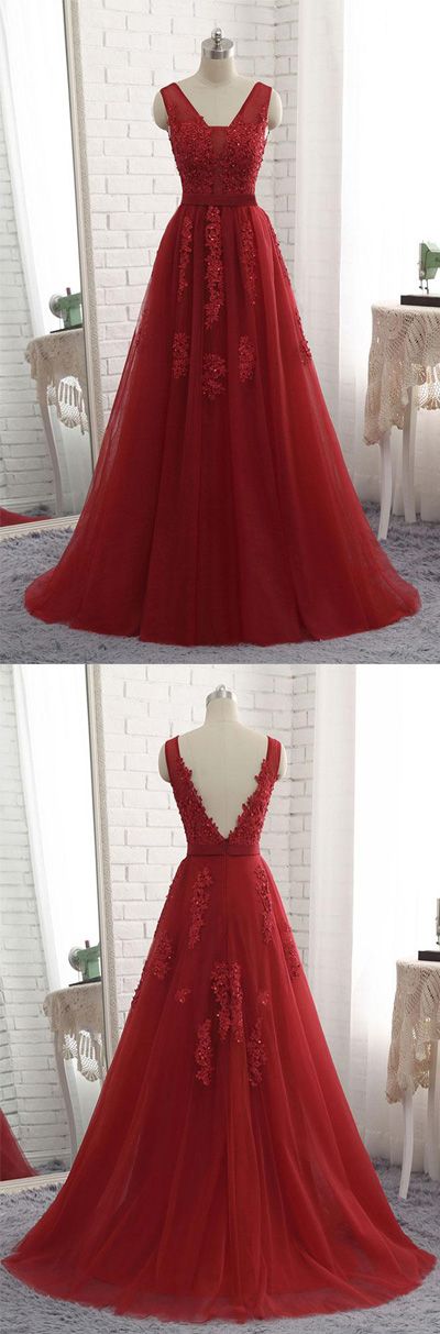 Dark Red Prom Dress 2018, Formal Gowns, Wine Red Tull V-neckline ...