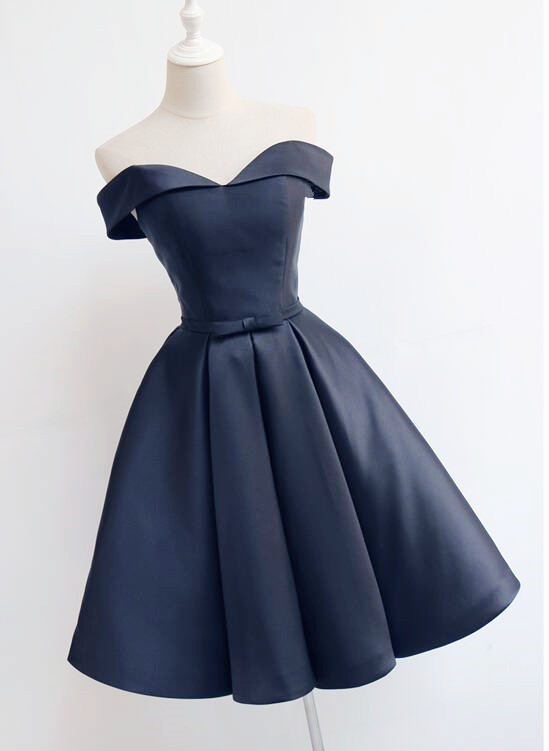Beautiful Short Dark Blue Satin Prom Dress, Navy Blue Homecoming Dress ...