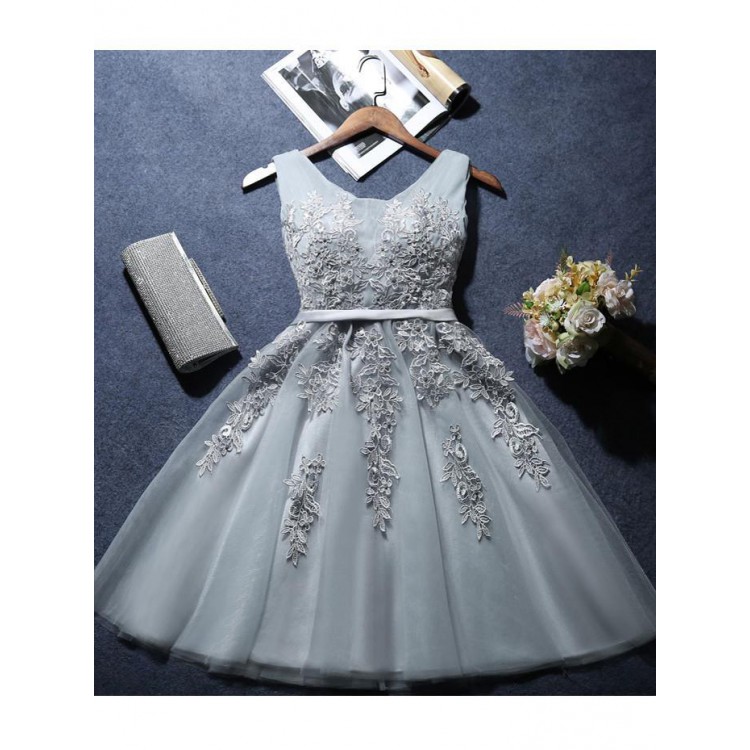 Grey Lace Applique V-neckline Tulle Elegant Graduation Dresses, Grey ...