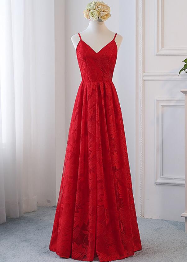 Beautiful Red Straps Lace V-neckline Prom Dress, Red Formal Gowns, Red ...