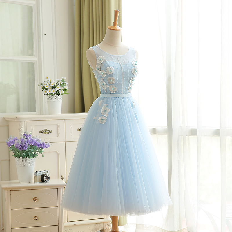 Light Blue Tea Length Gorgeous Party Dresses, Blue Beaded Vintage Style ...