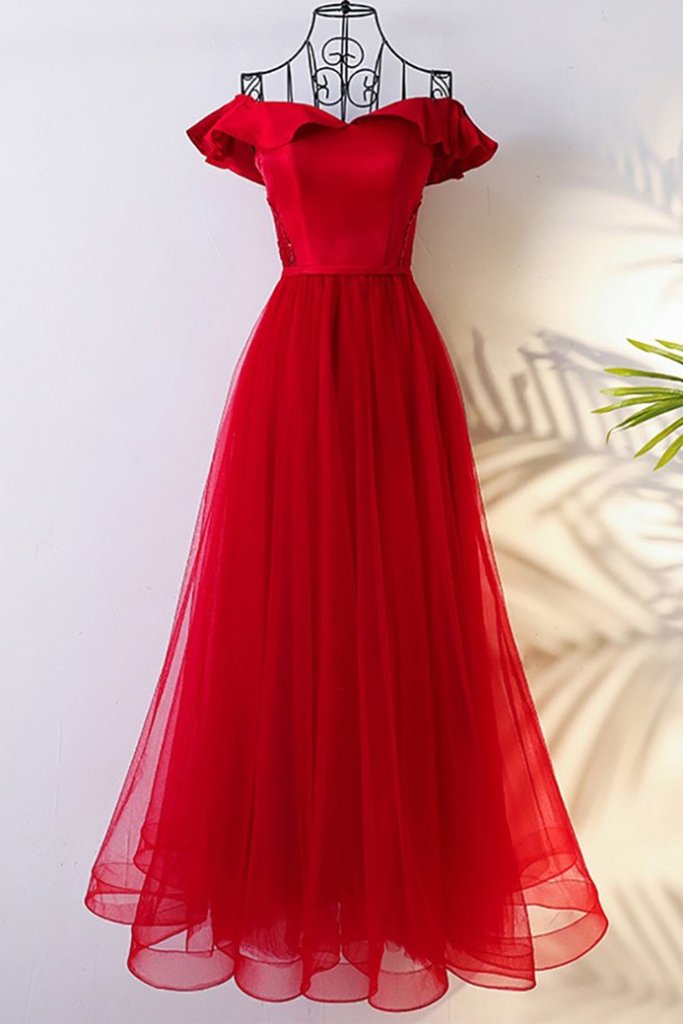 Red Satin And Tulle Elegant Formal Gown, Red Party Dress 2019, Charming ...