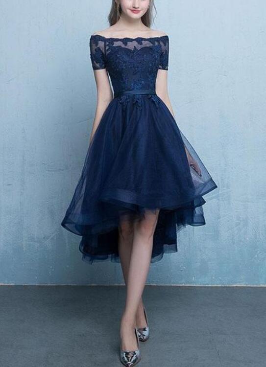 Chic Navy Blue Tulle High Low With Lace Applique Party Dresses, Blue ...