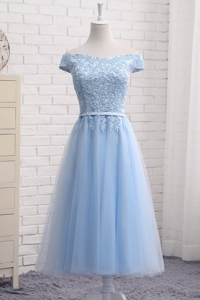 Blue Tea Length Bridesmaid Dress, Lovely Party Dress 2019 on Luulla