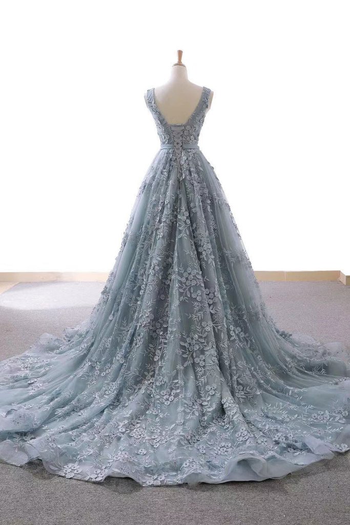 Beautiful Blue And Grey Tulle V-neckline Party Dress, Handmade Formal ...