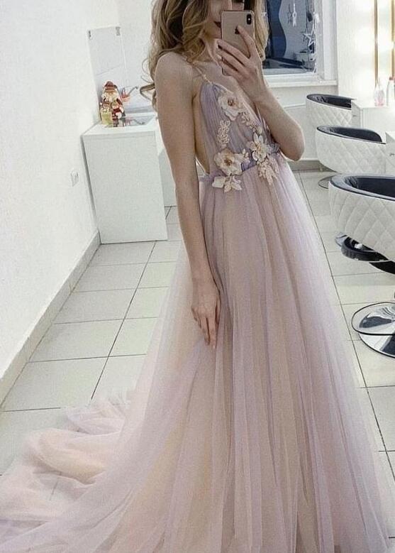 Sexy Deep V-neckline Tulle Prom Gown, Straps Party Dress 2019 on Luulla