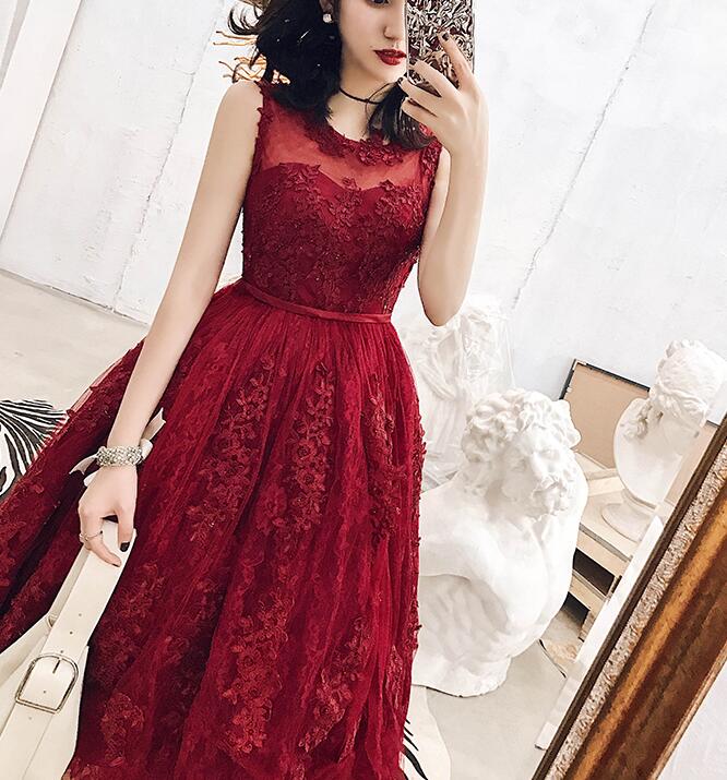 Dark Red Tea Length Tulle And Lace Homecoming Dress, Round Neckline ...