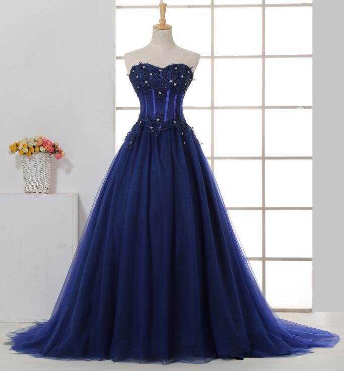 Charming Navy Blue Tulle Sweetheart Party Dress, Blue Ball Gown Formal ...