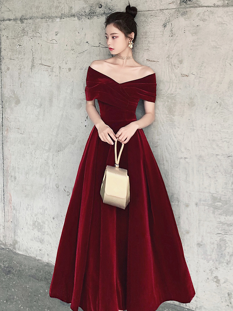Charming A-line Floor Length Wine Red Velvet Party Dress, Long Prom ...