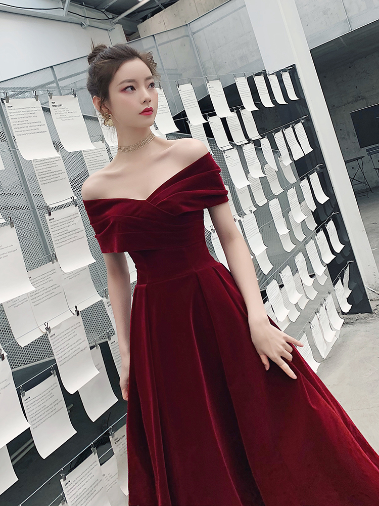 Charming A-line Floor Length Wine Red Velvet Party Dress, Long Prom ...