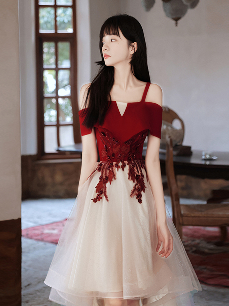 Red And Light Champagne High Low Straps Party Dress, Short Homecoming ...