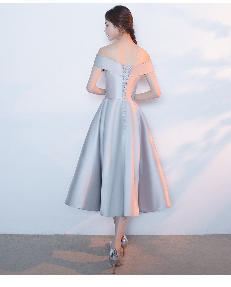 Sliver Grey Satin Tea Length Round Neckline Party Dress, Short ...