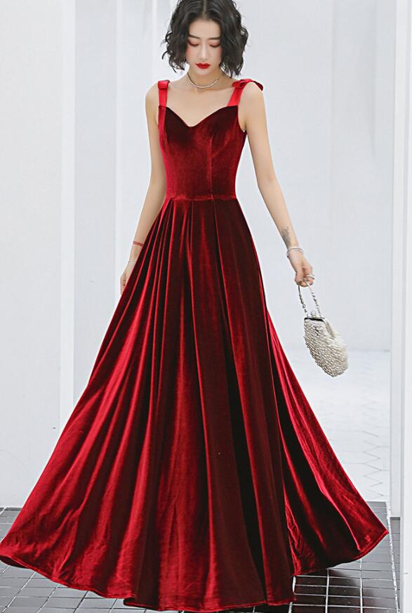 Dark Red Velvet Straps Style Wedding Party Dress, A-line Floor Length ...