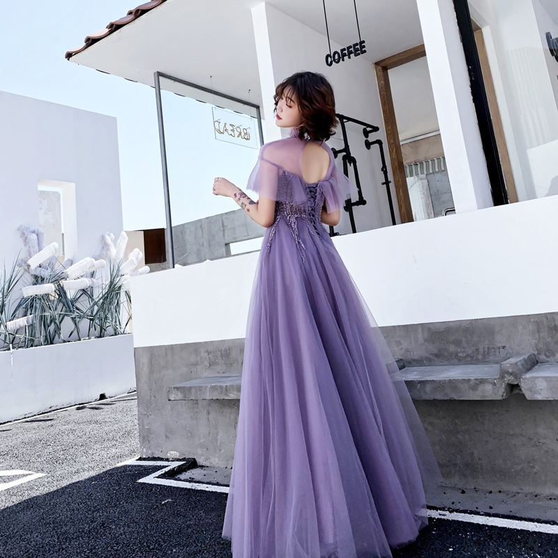 Purple Tulle High Neckline Lace Floor Length Party Dress, Purple ...