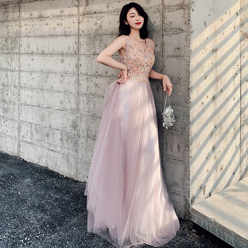 Pink Lace Applique V-neckline Tulle Long Party Dress, Pink Floor Length ...