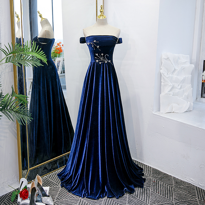 Elegant Blue Velvet Beaded A-line Off Shoulder Evening Dress, Blue Long ...