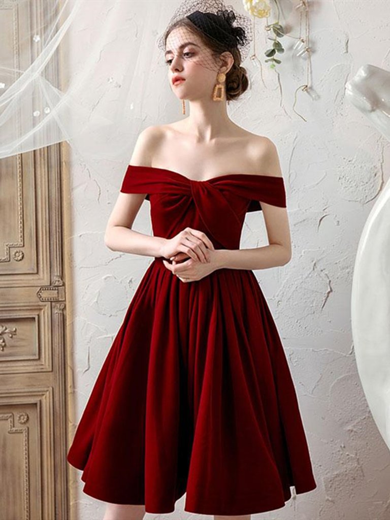 Wine Red Off Shoulder Velvet Homecoming Dresses, Burgundy Formal Short ...