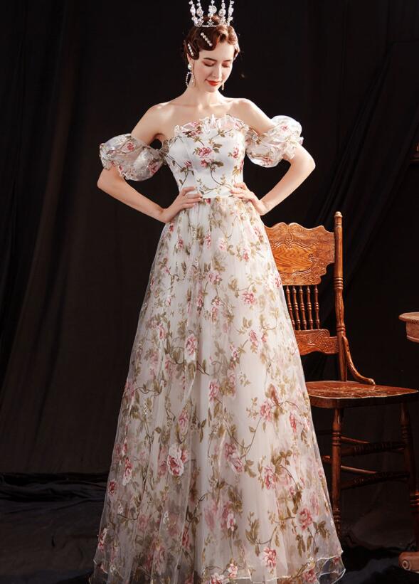 Lovely White Floral Off Shoulder Long Evening Dress Party Dress, A-line ...