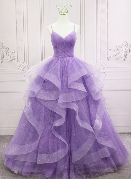 Glam Purple Tulle V-neckline Straps Layers Long Formal Dress Party ...