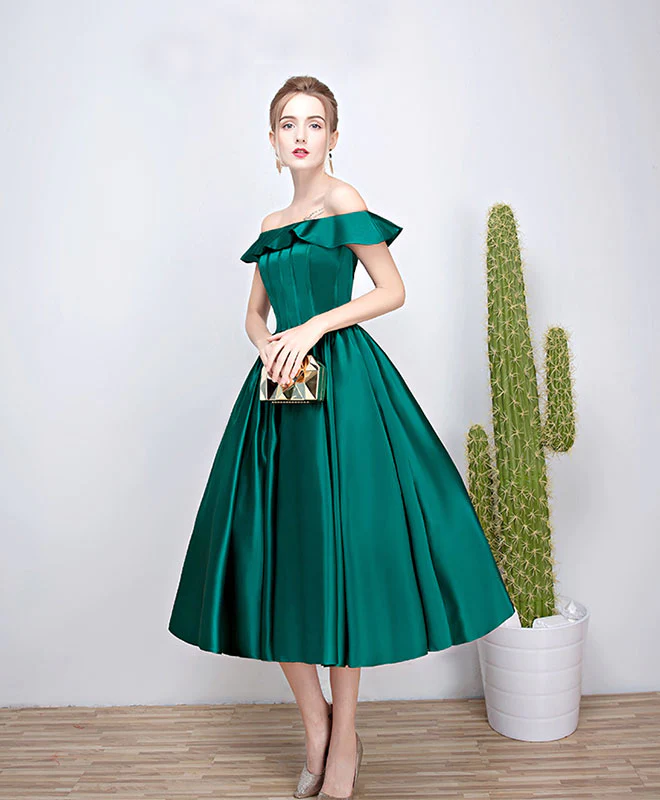 Green Satin Off Shoulder Tea Length Party Dress Green Bridesmaid