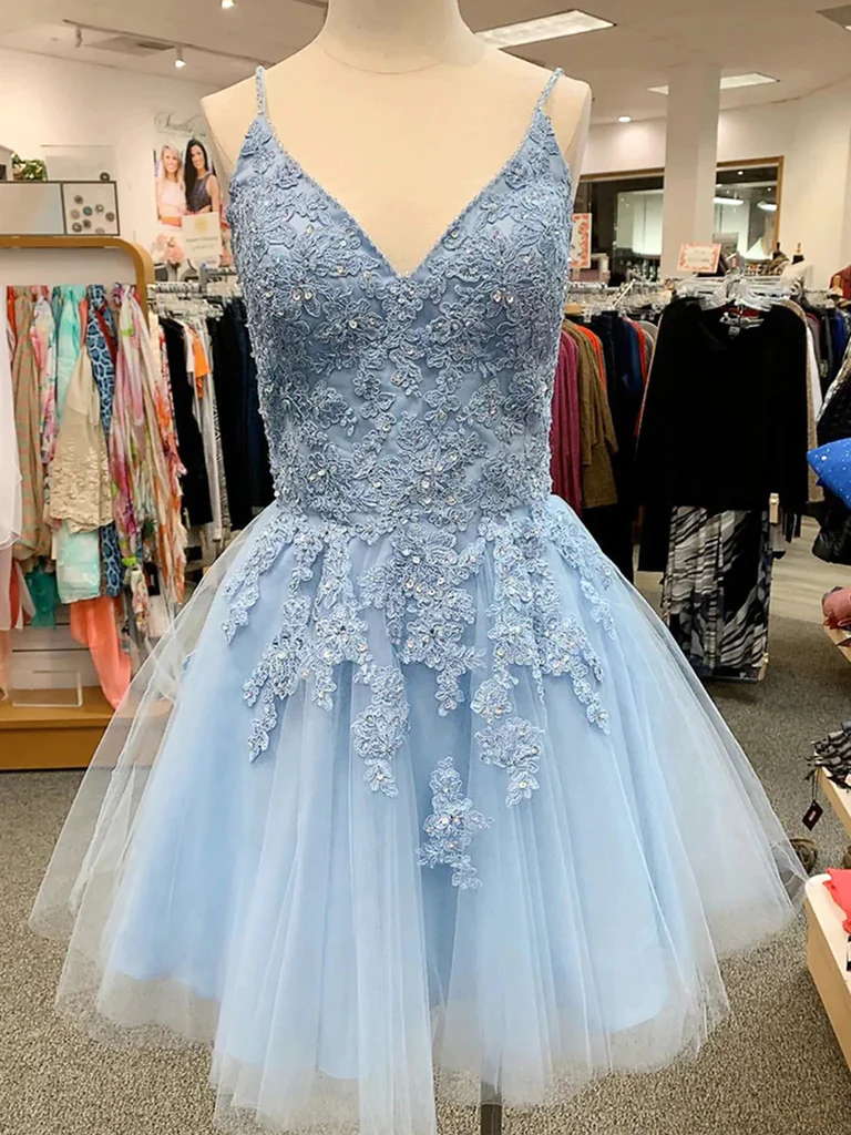Lovely Blue Tulle V-neckline Beaded Lace Party Dress, Blue Homecoming ...