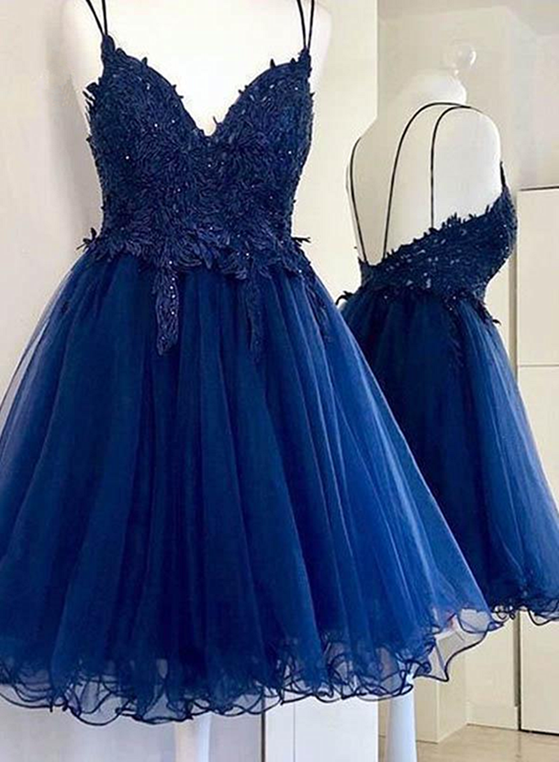 Blue V Neck Short Prom Dress With Beads Appliques,blue Homecoming Dress ...