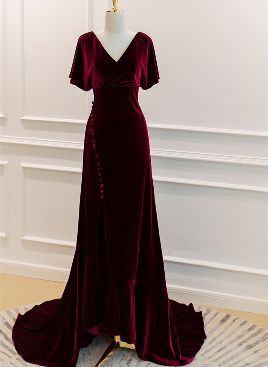 Burgundy Velvet Long Wedding Party Dress, A-line Velvet Formal Dress on ...