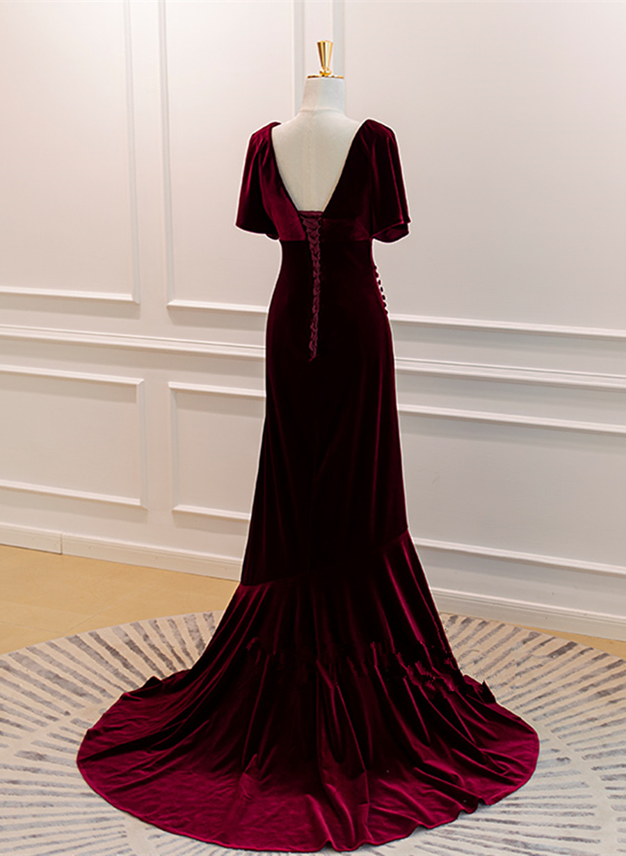 Burgundy Velvet Long Wedding Party Dress, A-line Velvet Formal Dress on ...